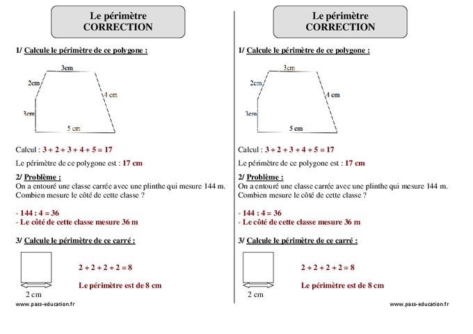 Périmètre – Ce2 – Exercices corrigés à imprimer - Pass Education
