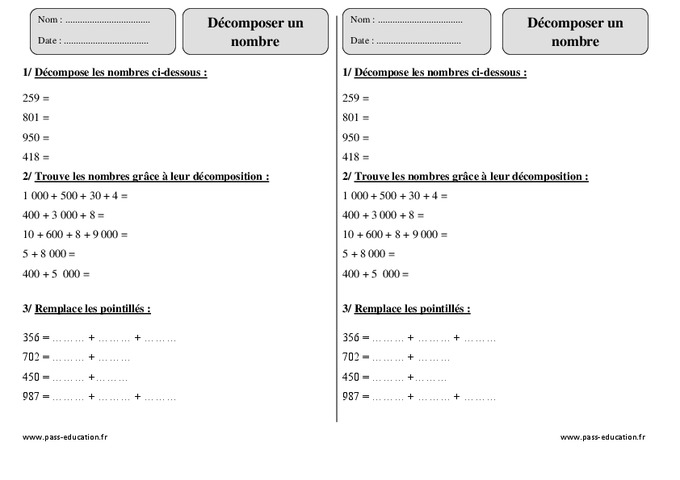 Décomposer un nombre – Ce2 – Exercices avec correction - Pass Education