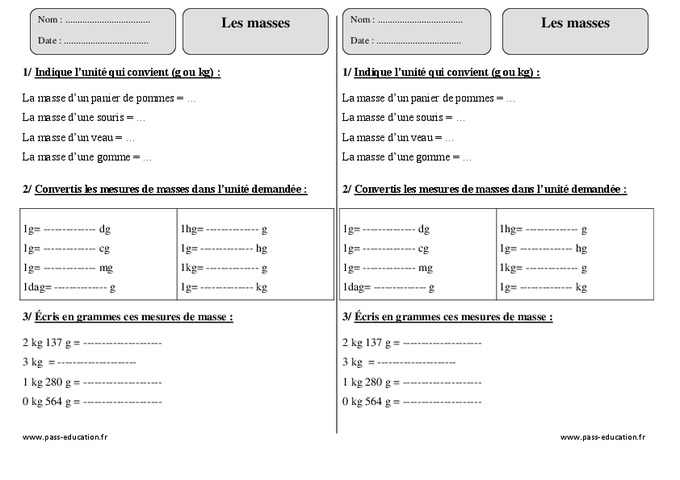 Masses – Ce2 – Exercices corrigés sur les mesures - Pass Education