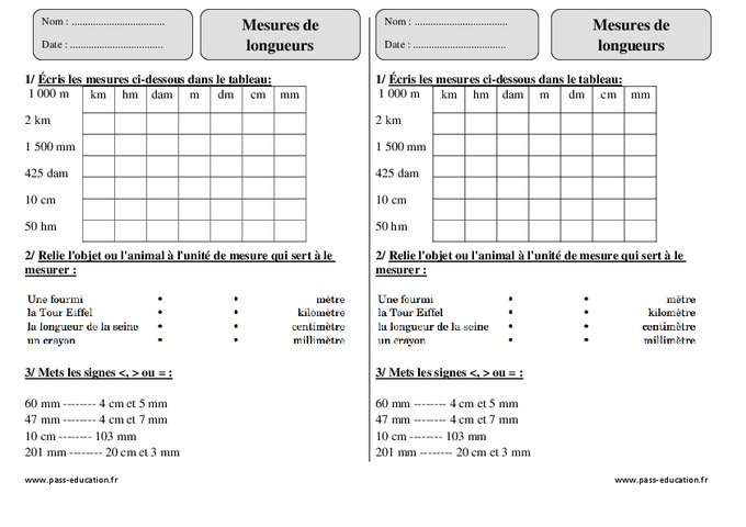 Mesures de longueurs - Ce2 - Exercices corrigés sur les cm, m, km - Pass Education