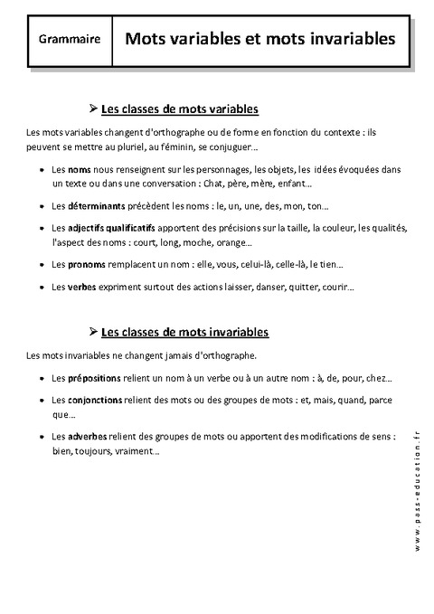 Mots Variables Mots Invariables 6 me Cours Exercices Corrig s Mots Variables Mots Invariables 6 me Cours Exercices Corrig s