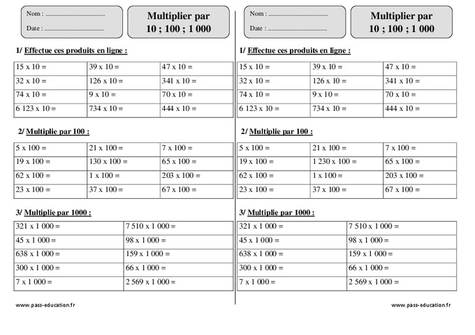 Multiplier par 10 ; 100 ; 1 000 – Ce2 – Exercices avec correction ...