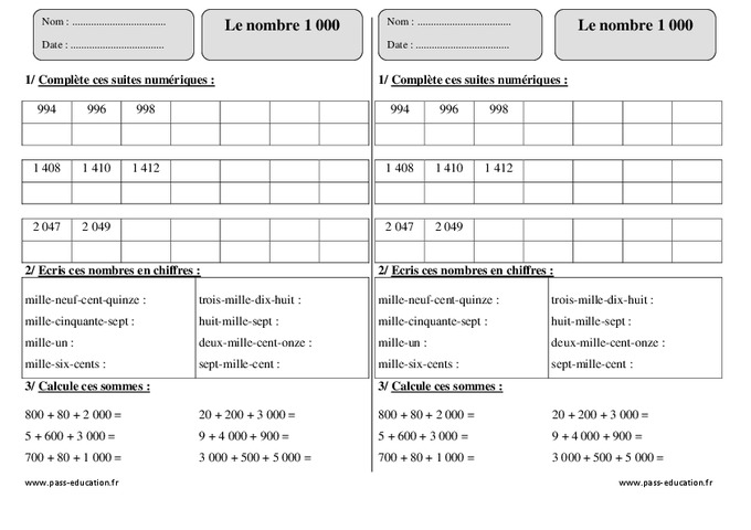 Nombre 1 000 – Ce2 – Exercices corrigés - Pass Education