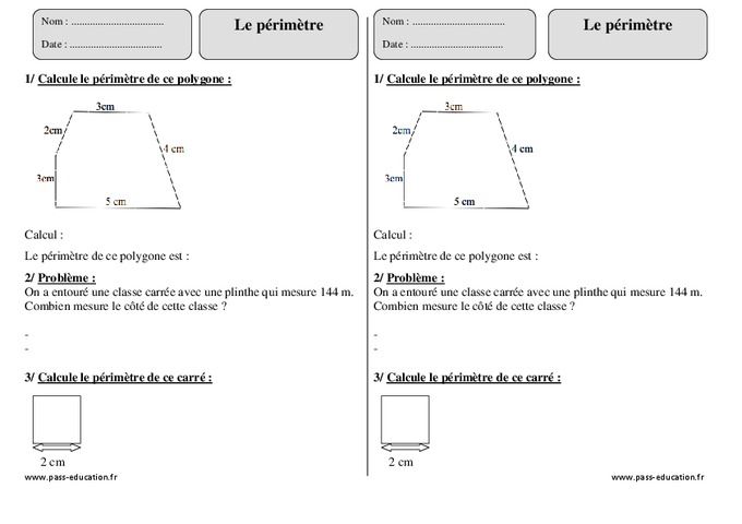 Périmètre – Ce2 – Exercices corrigés à imprimer - Pass Education
