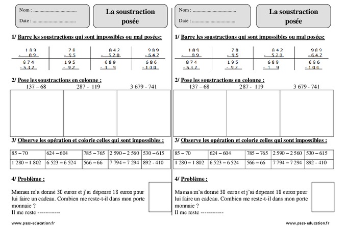Soustraction posée – Ce2 – Exercices corrigés – Calcul – Mathématiques ...
