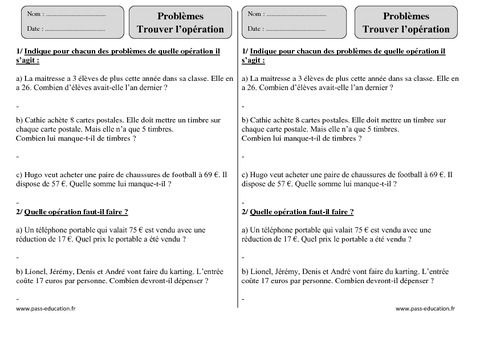 Trouver l’opération – Ce2 – Problèmes – Exercices corrigés ...