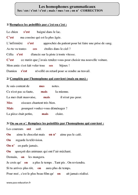 Homophones grammaticaux - Ses / ces / s’est / c’est ; mais / mes / on ...