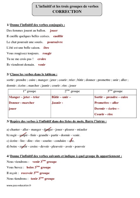 Infinitif et les trois groupes de verbes – Cm1 – Exercices corrigés ...