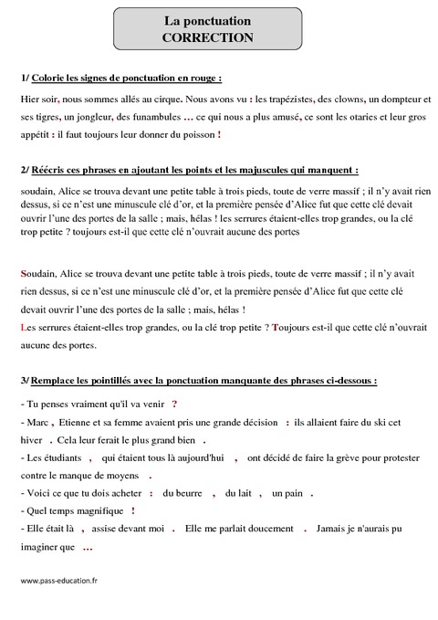 Ponctuation - Cm1 – Exercices corrigés - Pass Education Ponctuation - Cm1 – Exercices corrigés - Pass Education