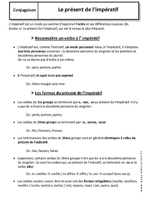 Présent de l'impératif - 6ème - Cours - Pass Education
