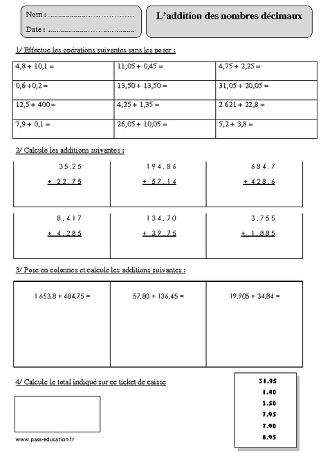 Addition des nombres décimaux - Cm2 – Exercices corrigés – Calcul ...