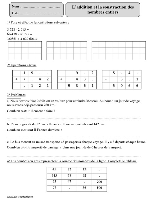 Addition et soustraction des nombres entiers - Cm2 – Exercices corrigés ...
