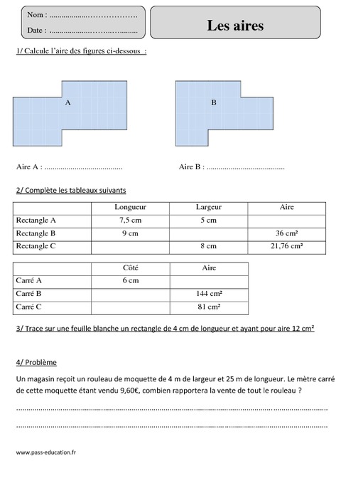 Aires – Cm2 – Exercices corrigés – Mesures et Grandeurs – Mathématiques ...