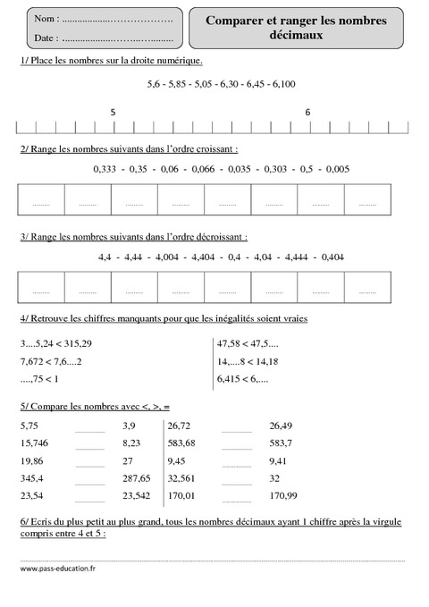 Comparer et ranger les nombres décimaux - Cm2 - Exercices corrigés ...