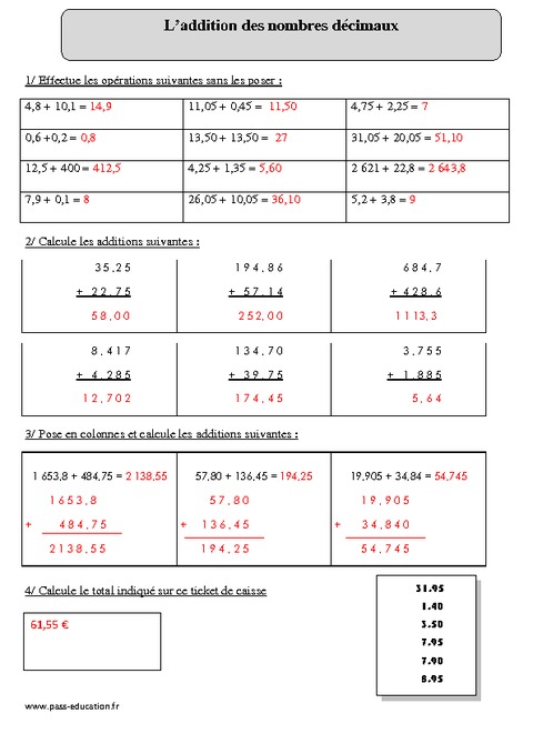 Addition des nombres décimaux - Cm2 – Exercices corrigés – Calcul ...