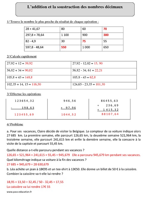 Addition et Soustraction des nombres décimaux - Cm2 – Exercices ...