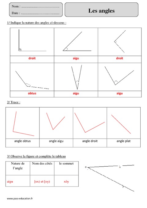 Angles – Cm2 – Exercices corrigés – Géométrie – Mathématiques – Cycle 3 ...