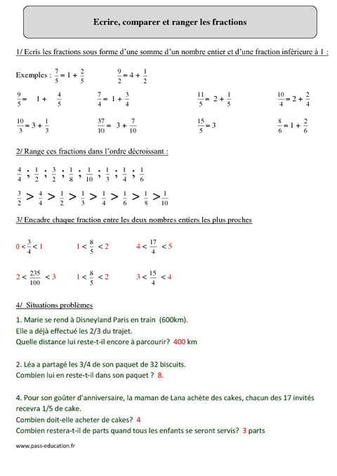 Comparer et ranger les fractions - Cm2 - Exercices corrigés ...