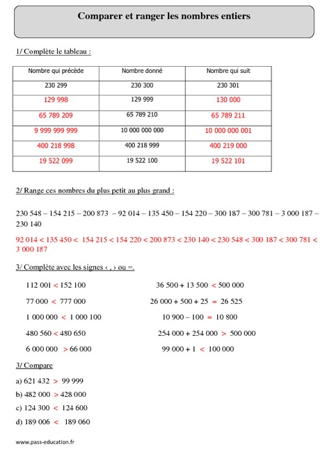 Comparer et ranger les nombres entiers - Cm2 - Exercices corrigés ...