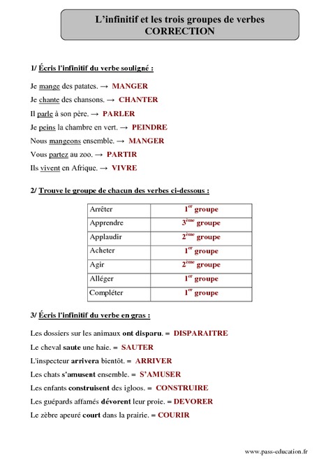 Infinitif - Trois groupes de verbes – Cm2 – Exercices corrigés ...