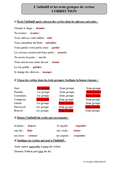 Infinitif - Trois groupes de verbes – Cm2 – Exercices corrigés ...