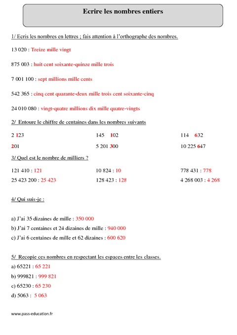 Lire et écrire les nombres entiers - Cm2 - Exercices corrigés ...