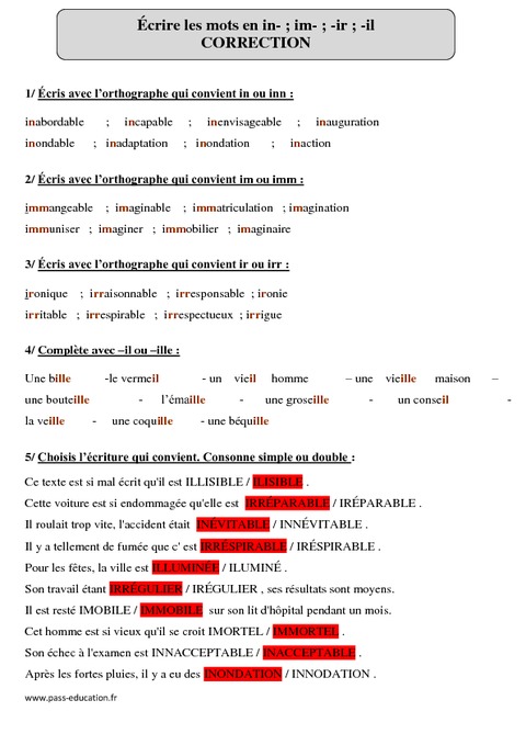 Mots en in im ir il – Cm1 - Exercices corrigés – Orthographe – Cycle 3 ...