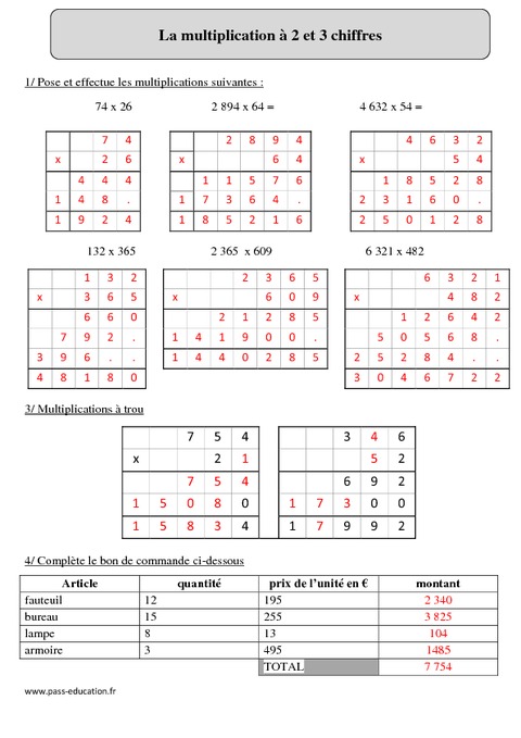 Multiplication à 2 et 3 chiffres - Cm2 – Exercices corrigés – Calcul ...