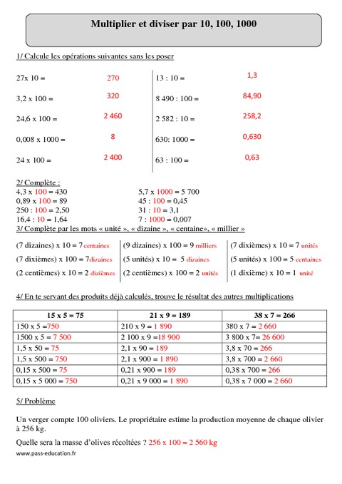 Multiplier ou diviser par 10, 100, 1000 – Cm2 – Exercices corrigés – Calcul – Mathématiques ...