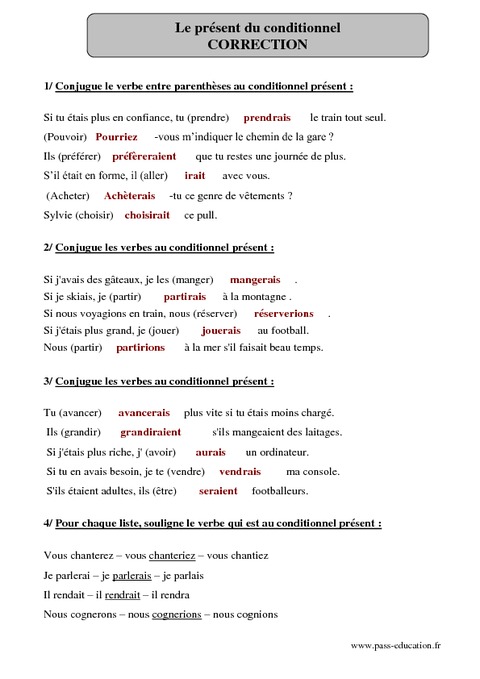Présent du conditionnel – Cm2 – Exercices corrigés – Conjugaison ...