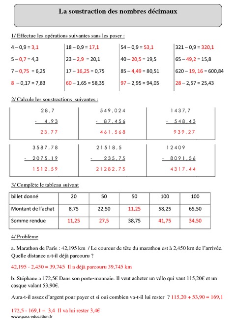 Soustraction des nombres décimaux - Cm2 – Exercices corrigés – Calcul ...