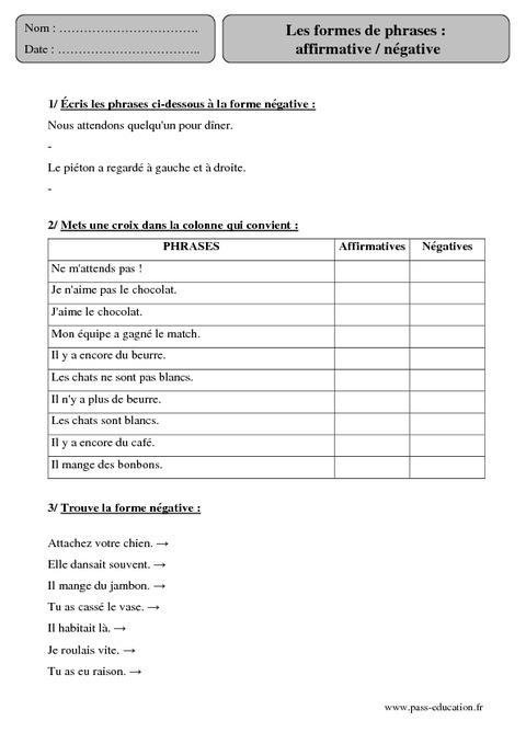Formes de phrases - Affirmative / Négative - Cm2 – Exercices corrigés ...