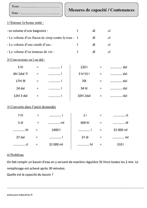 Mesures de capacité - Contenances – Cm2 – Exercices corrigés – Mesures ...