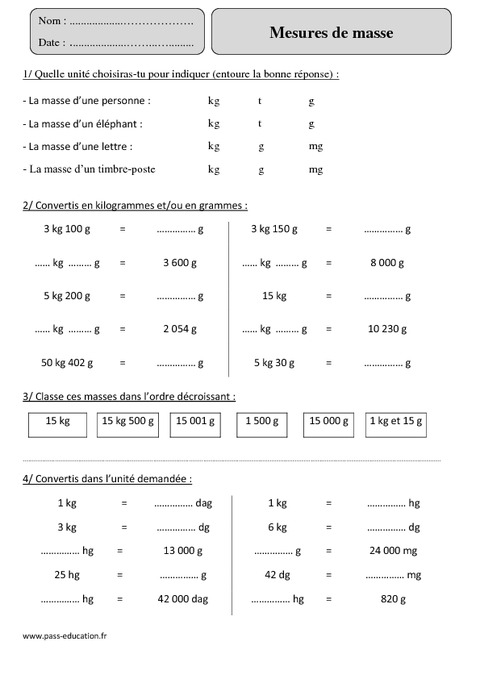 Mesures de masse – Cm2 – Exercices corrigés – Mesures et Grandeurs ...