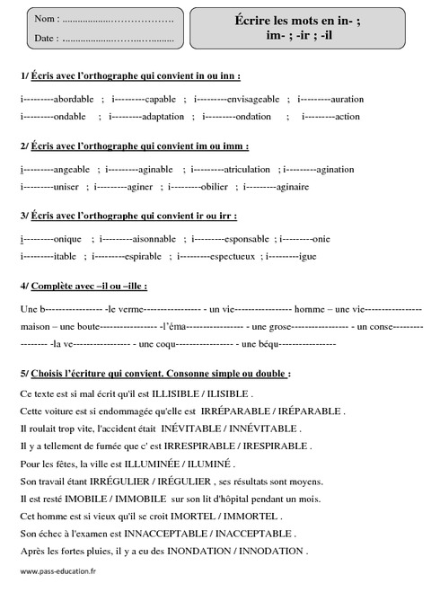 Mots en in im ir il – Cm1 - Exercices corrigés – Orthographe – Cycle 3 ...