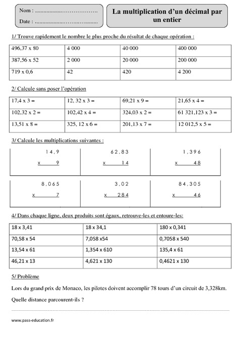 Multiplication d'un décimal par un entier - Cm2 – Exercices corrigés ...