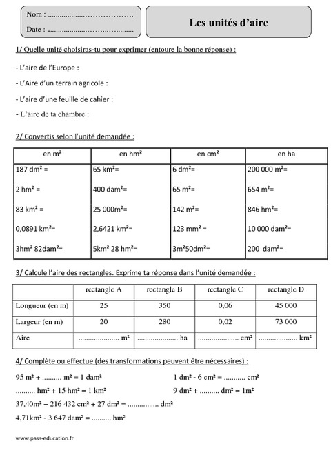 Unités d'aire – Cm2 – Exercices corrigés – Mesures et Grandeurs ...