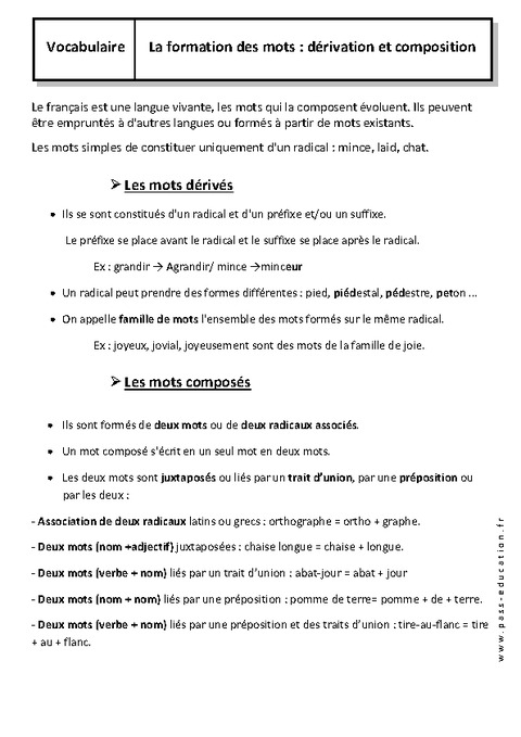 Formation des mots – 6ème – Cours – Dérivation et composition - Pass ...