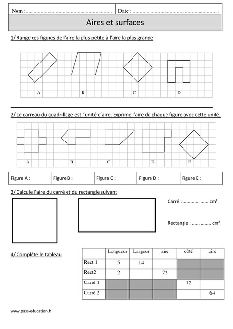 Aires - Surfaces – Mesures et calculs – Cm1 – Exercices – Mathématiques ...