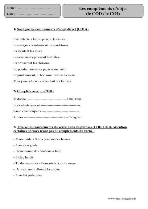 COD - COI – Compléments d’objet - Cm2 – Exercices corrigés – Grammaire ...