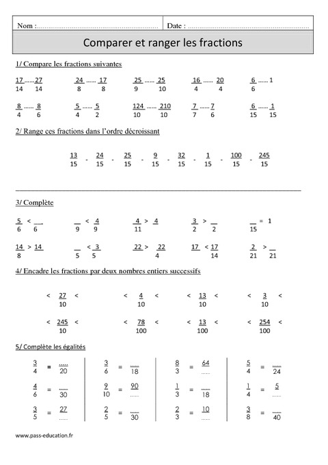 Comparer et ranger les fractions – Cm1 – Exercices corrigés ...