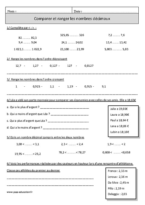Comparer, ranger les nombres décimaux – Cm1 – Exercices corrigés ...