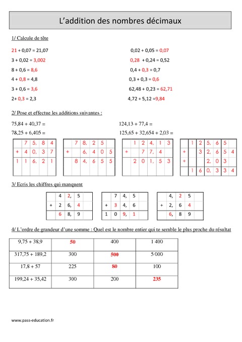 Addition des nombres décimaux – Cm1 – Exercices corrigés – Calcul ...