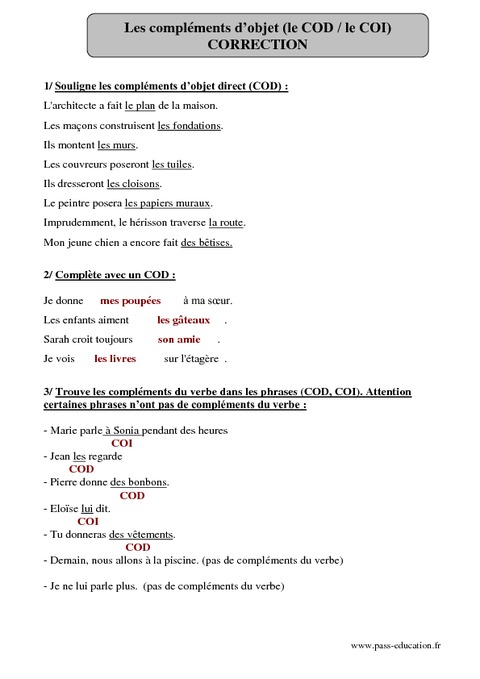 COD - COI – Compléments d’objet - Cm2 – Exercices corrigés – Grammaire ...