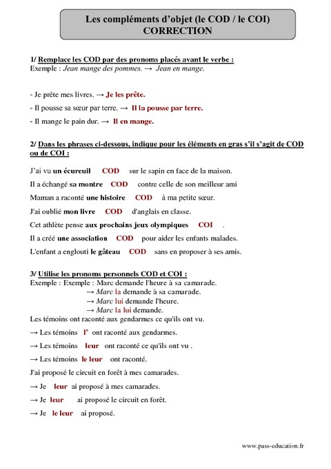 COD - COI – Compléments d’objet - Cm2 – Exercices corrigés – Grammaire ...
