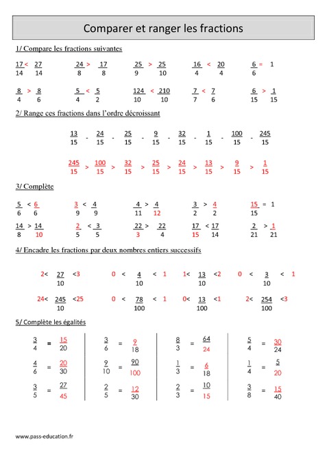 Comparer et ranger les fractions – Cm1 – Exercices corrigés ...