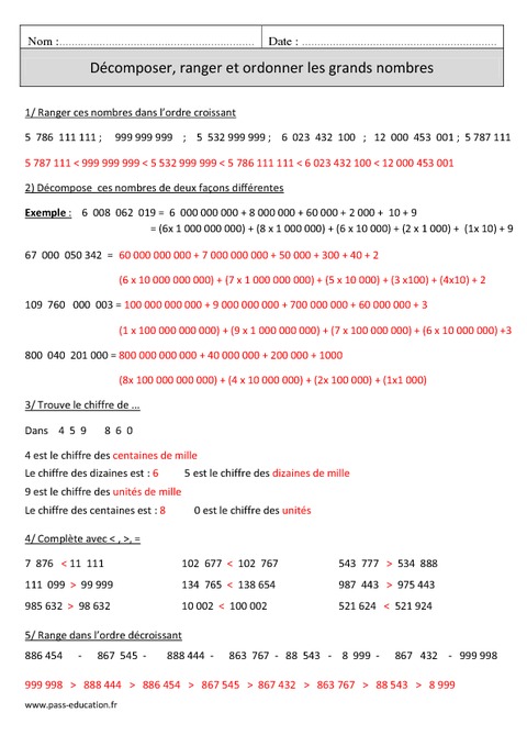 Décomposer, ranger et ordonner les grands nombres – Cm1 – Exercices ...