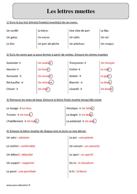 Lettres muettes – Cm2 – Exercices corrigés – Orthographe – Cycle 3 ...