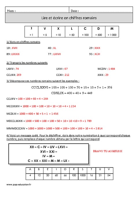 Lire et écrire en chiffres romains – Cm1 – Exercices corrigés ...