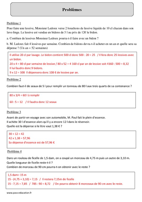 Mesures de contenance – Problèmes – Cm2 – Exercices corrigés – Mesures ...